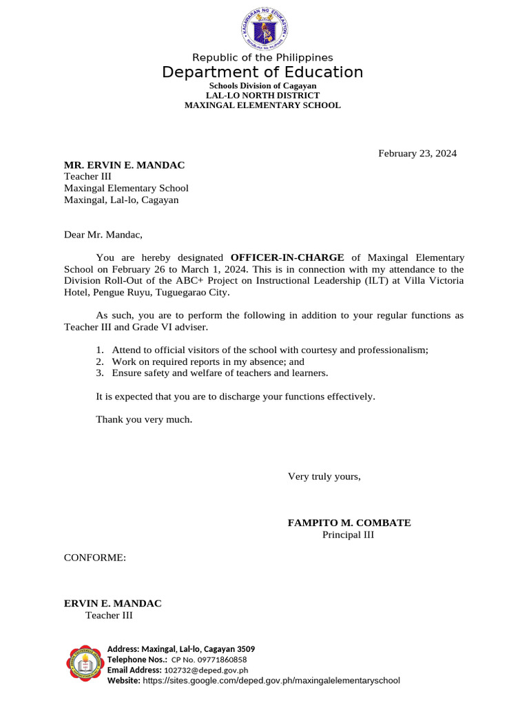 OIC Designation for Maxingal School | PDF