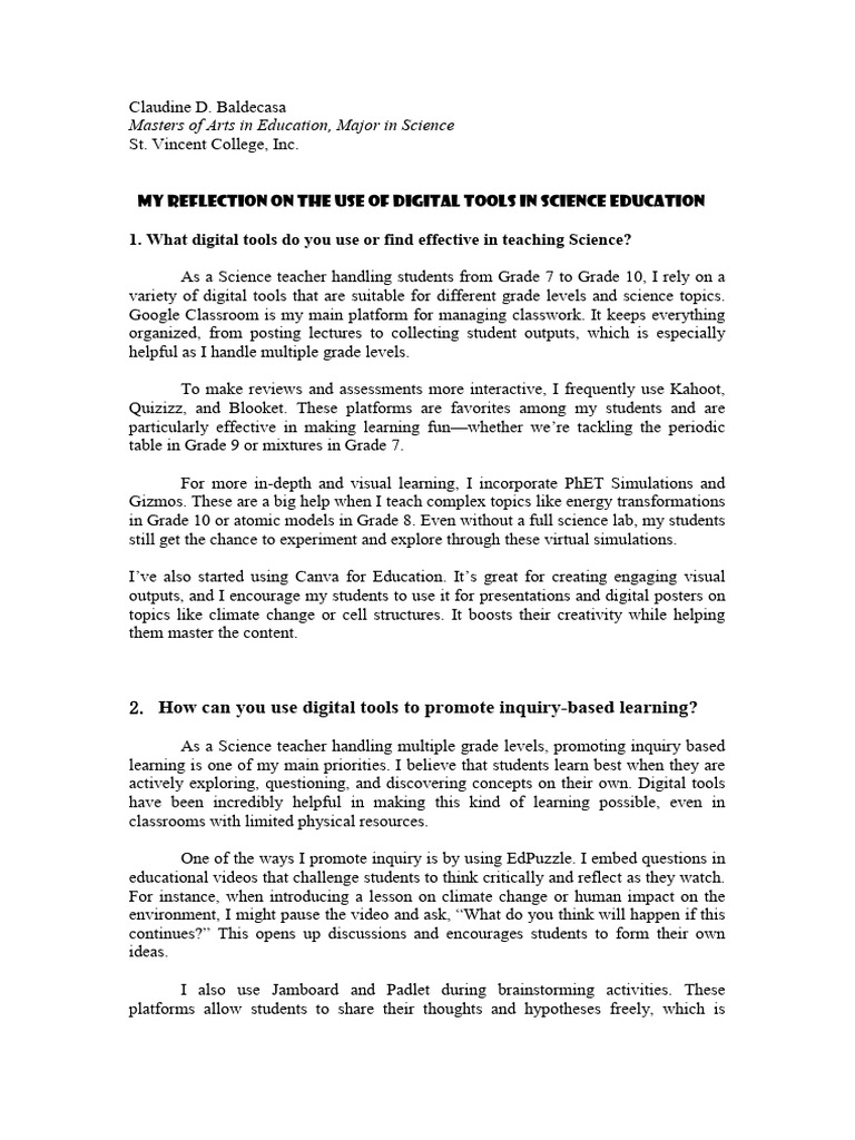 Baldecasa - Assignment Unit 3 Reflection | PDF | Learning | Science Education