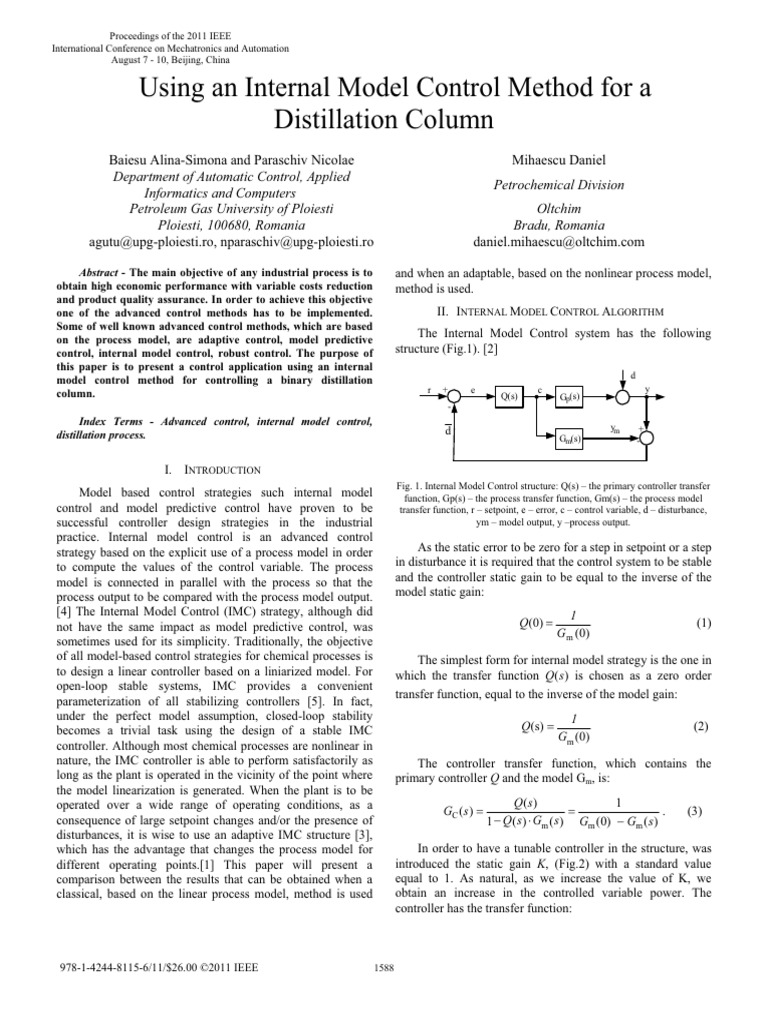 Using An Internal Model Control Method For A Distillation Column | PDF | Control Theory ...