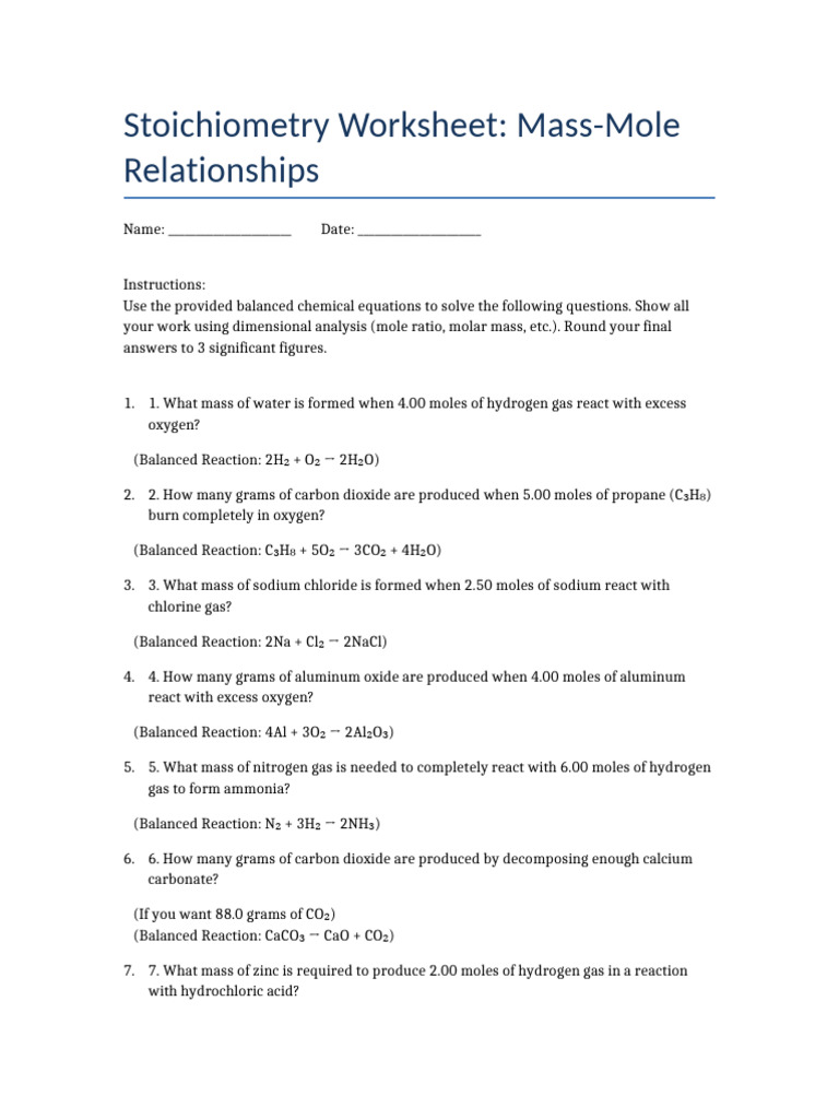 Stoichiometry Worksheet | PDF