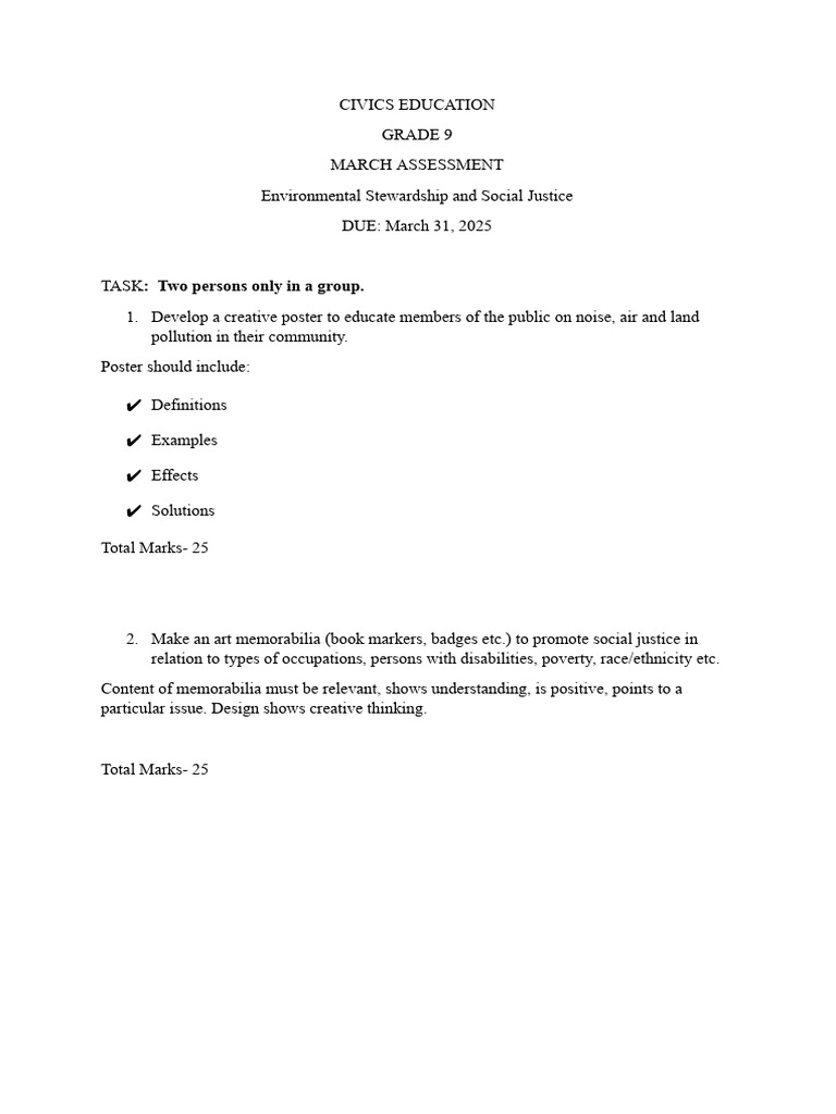 CIVICS EDUCATION- March Assessment - Individual | PDF