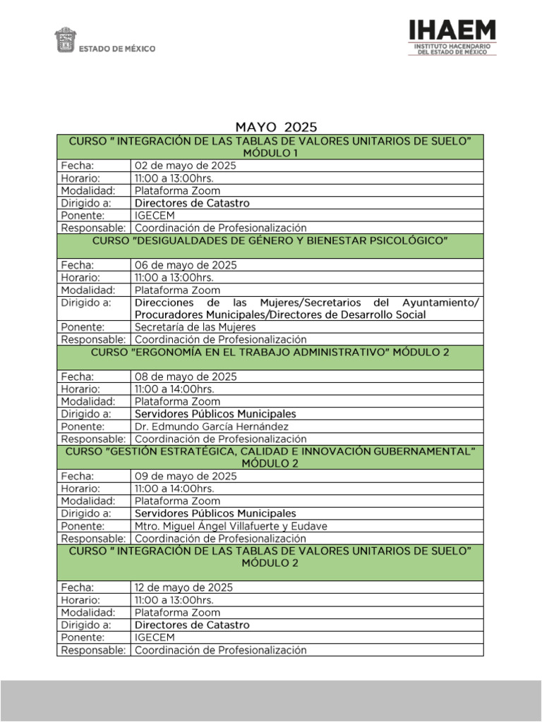 Calendario Cursos Ihaem Mayo 2025 | PDF