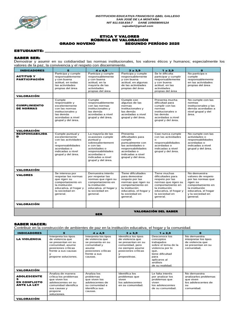 Rúbricas 9° II P. ETICA 2025 | PDF | Violencia | Psicología Social
