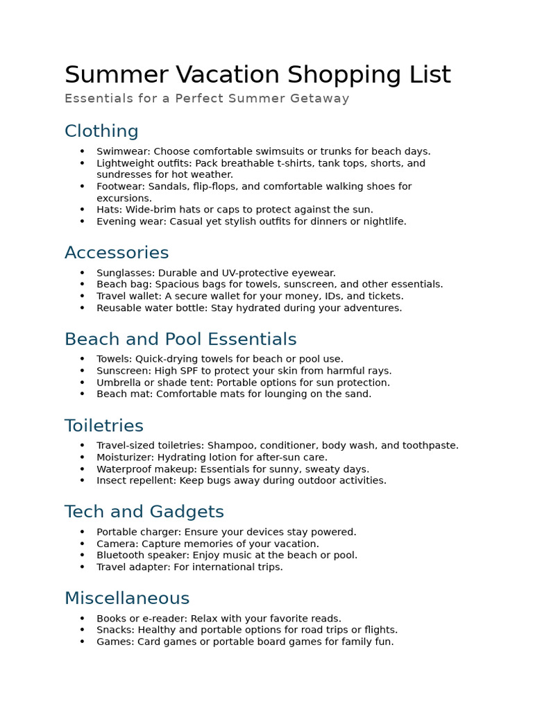 Summer Vacation Shopping List | PDF