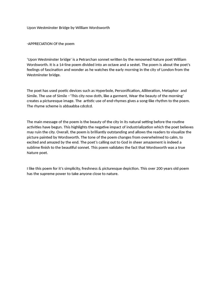 Poem Appreciation Upon Westminster Bridge by William Wordsworth | PDF