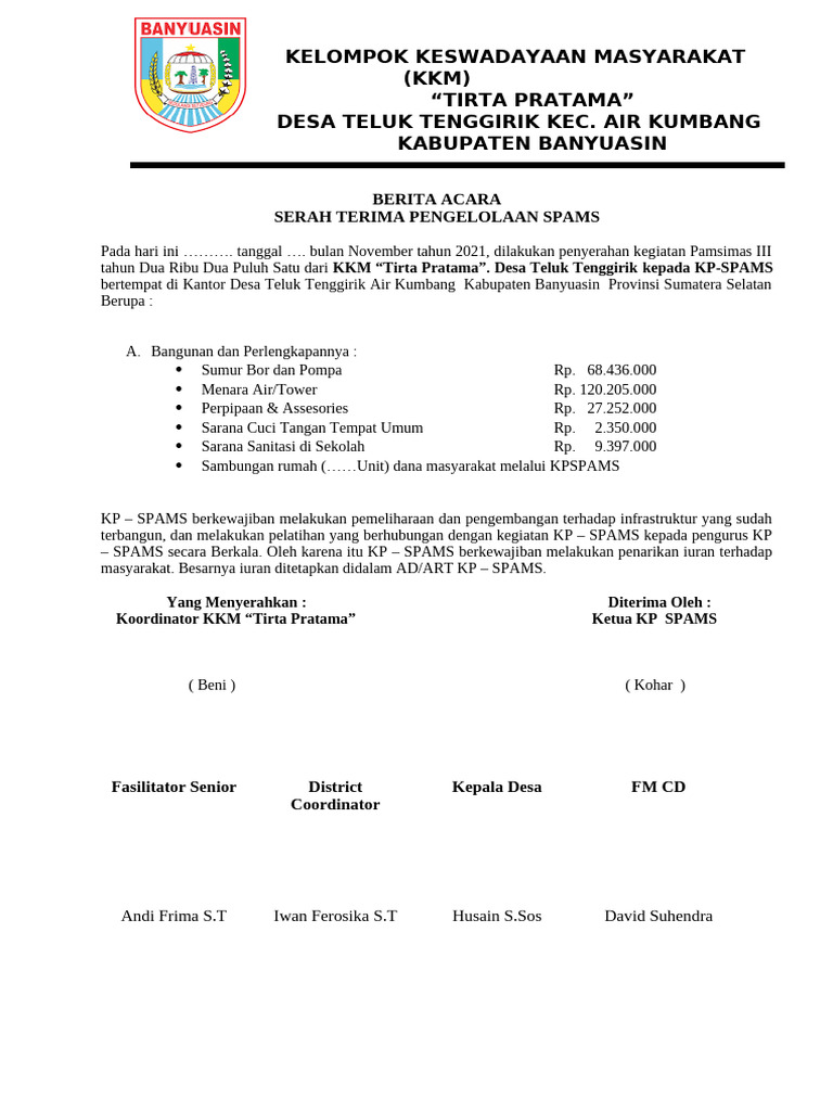 5Teluk. BAST Pekerjaan Pamsimas KA.Satker Ke KKM Logo Banyuasin (1) | PDF