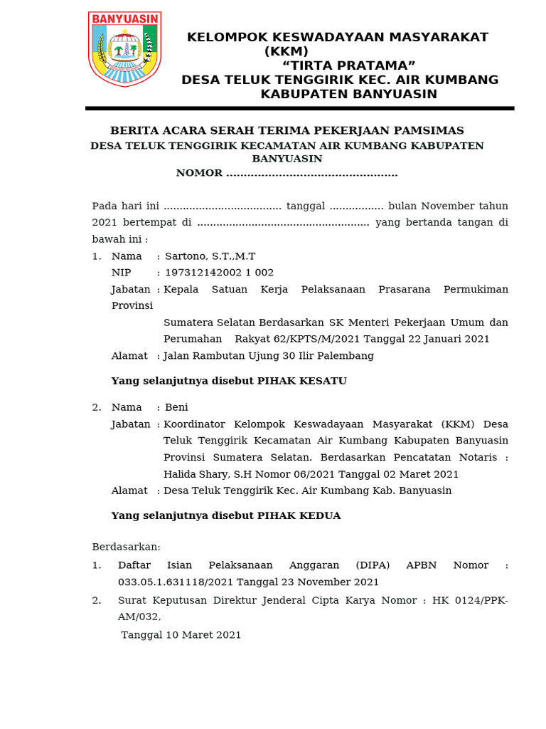 5teluk. BAST Pekerjaan Pamsimas KA - Satker Ke KKM Logo Banyuasin | PDF