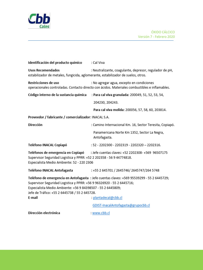 Óxido Cálcico - 31000376 | PDF | Quemar | Agua