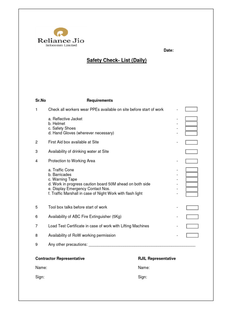 Daily Safety Checklist for Sherform | PDF