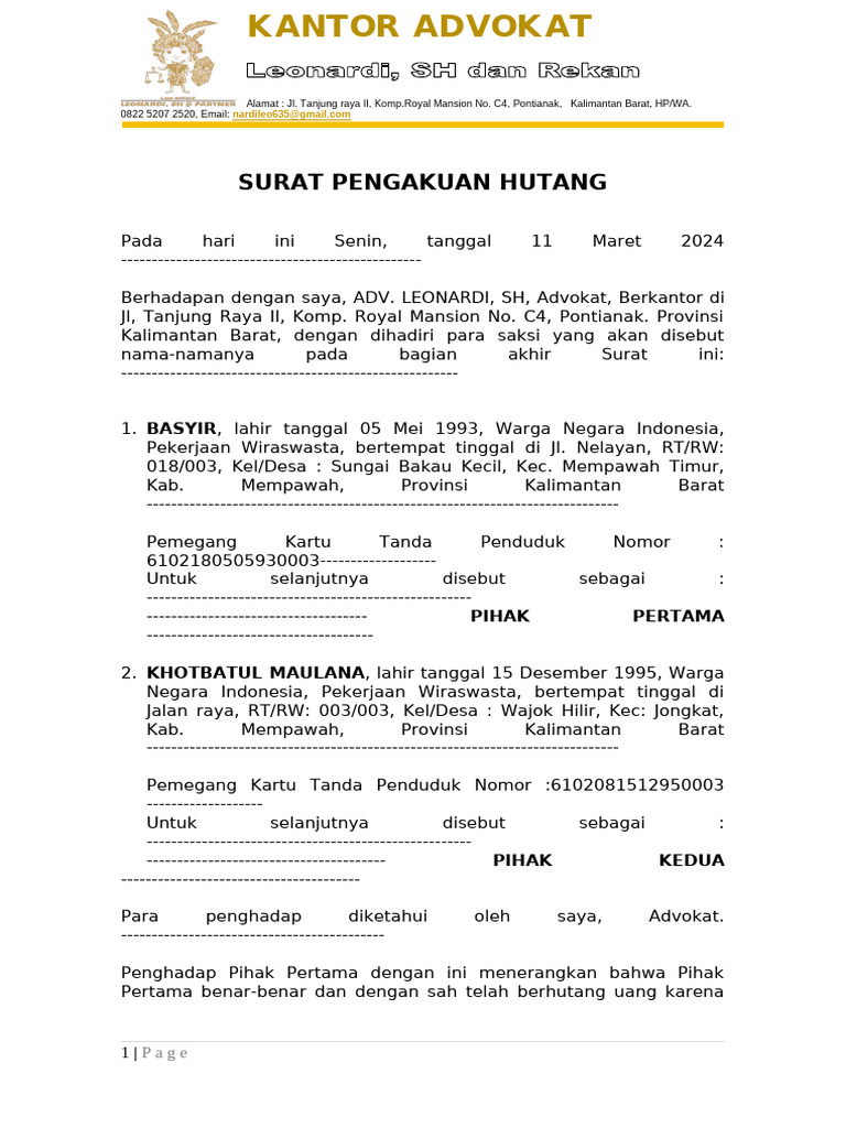 Contoh Surat Pengakuan Hutang | PDF