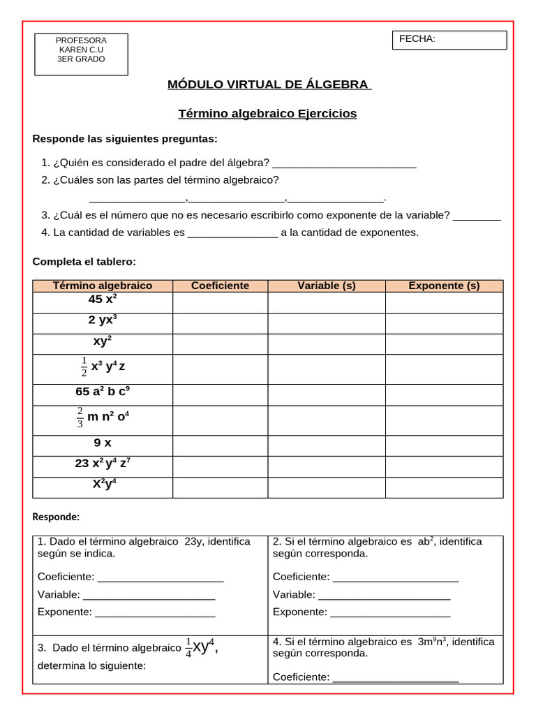 Ejercicios de Términos Algebraicos | PDF | Matemáticas | Matemática ...