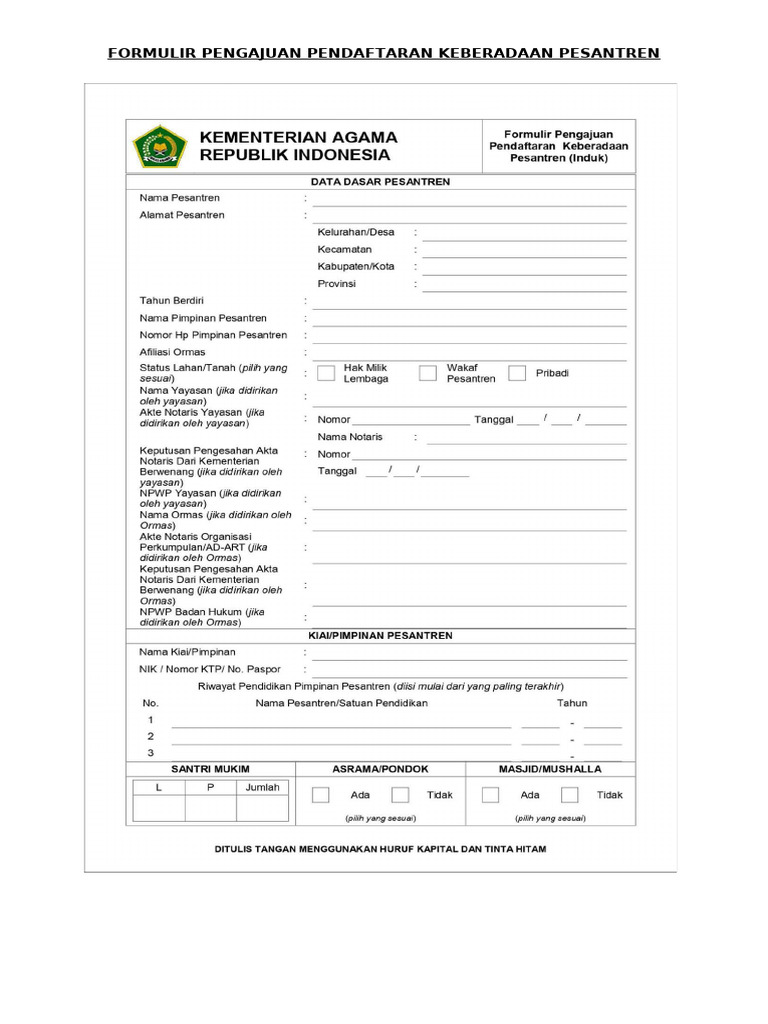 Format Pengajuan Tanda Daftar Keberadaan Pondok Pesantren | PDF
