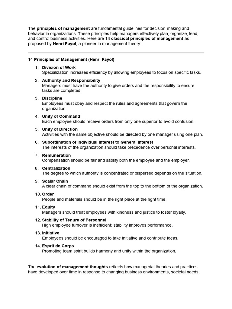 14 Management Principles by Fayol | PDF | Leadership | Motivation