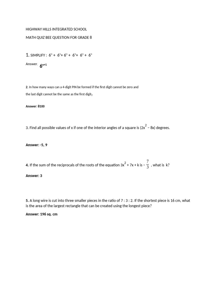 Grade 8 Math Quiz Bee Questions | PDF