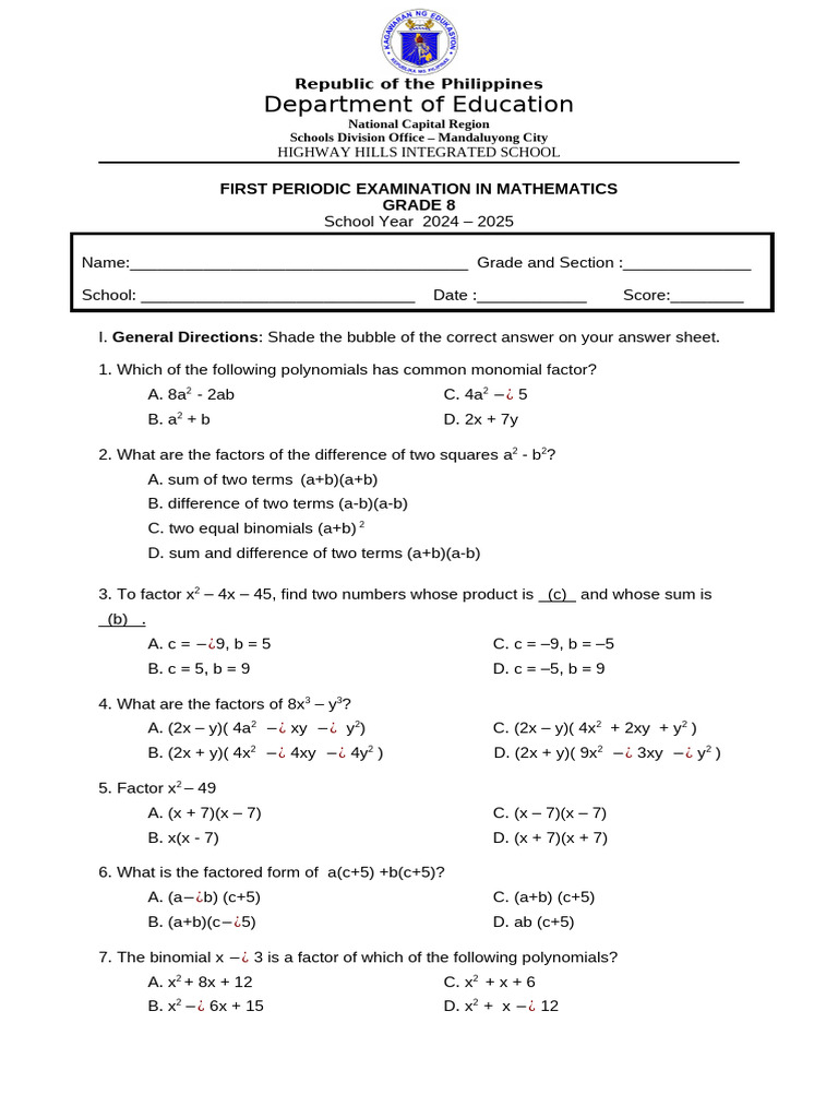 Grade 8 Mathematics Exam Questions | PDF | Slope | Polynomial