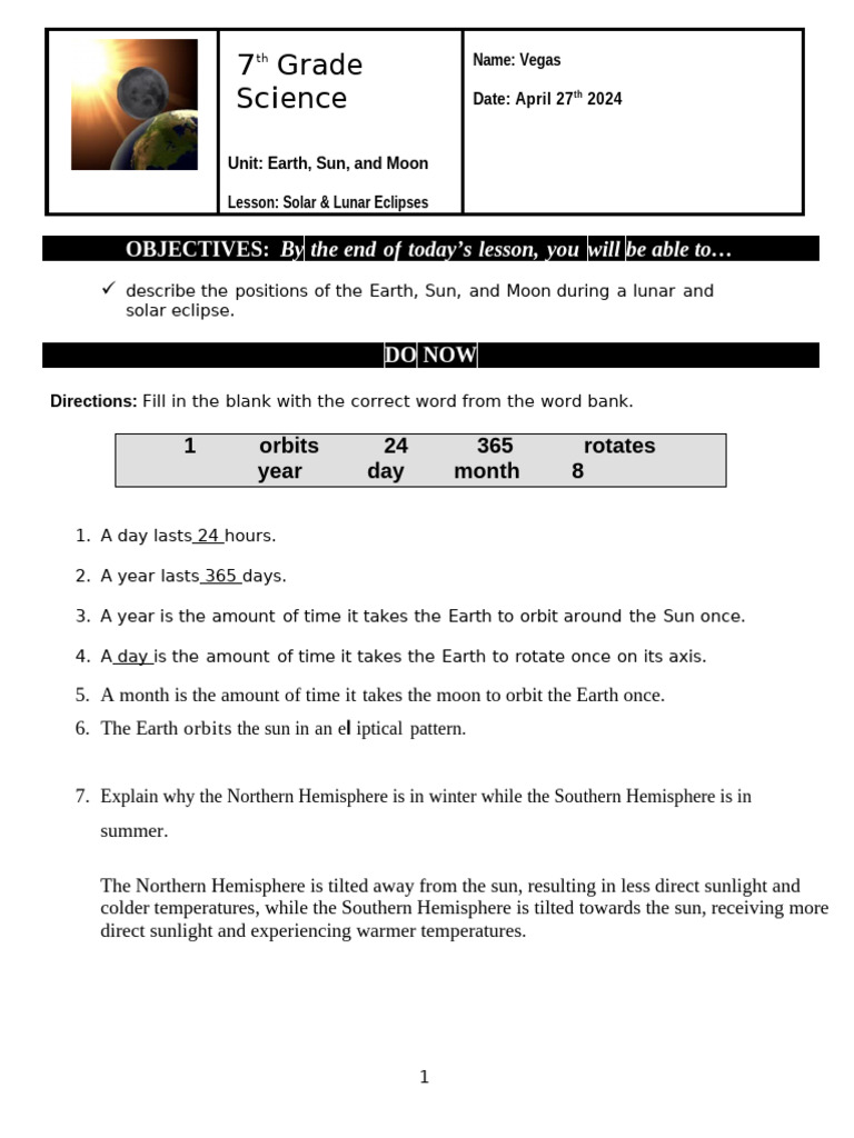 Solar and Lunar Eclipses Worksheet | PDF | Eclipse | Solar Eclipse