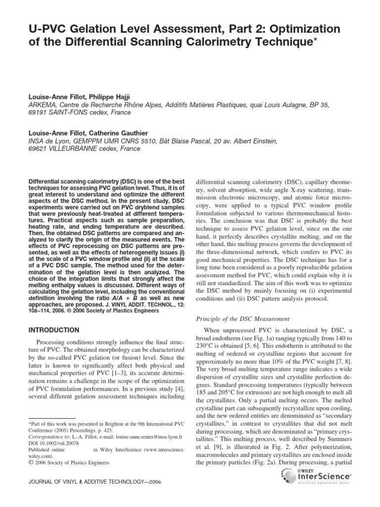 U-PVC Gelation Level Assesment - Optimization of The DSC Technique ...