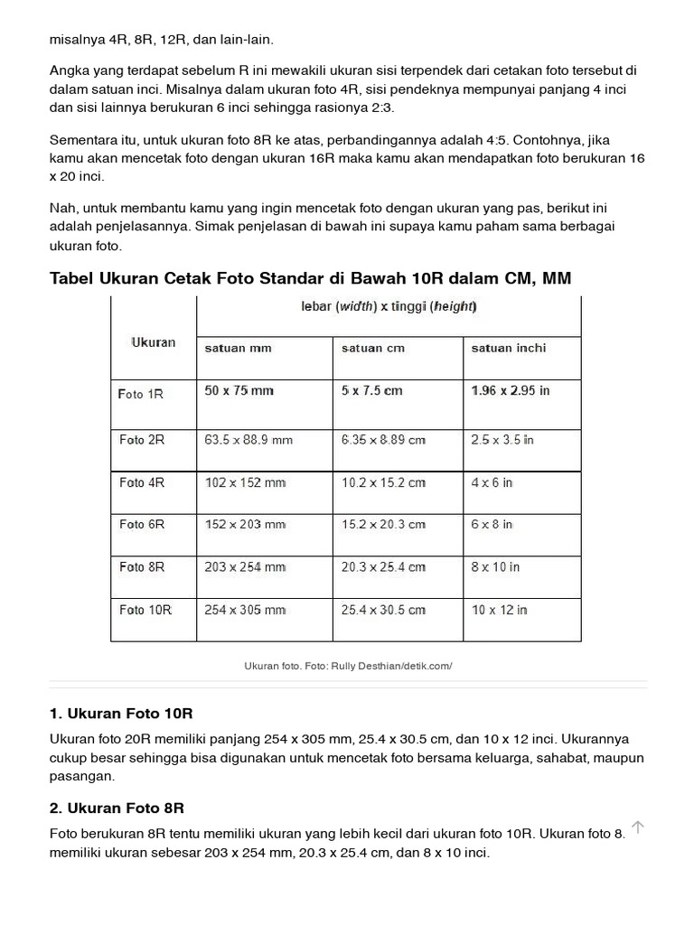Ukuran Foto 10R, 4R, 2R, 3R, 8R Hingga 30R | PDF