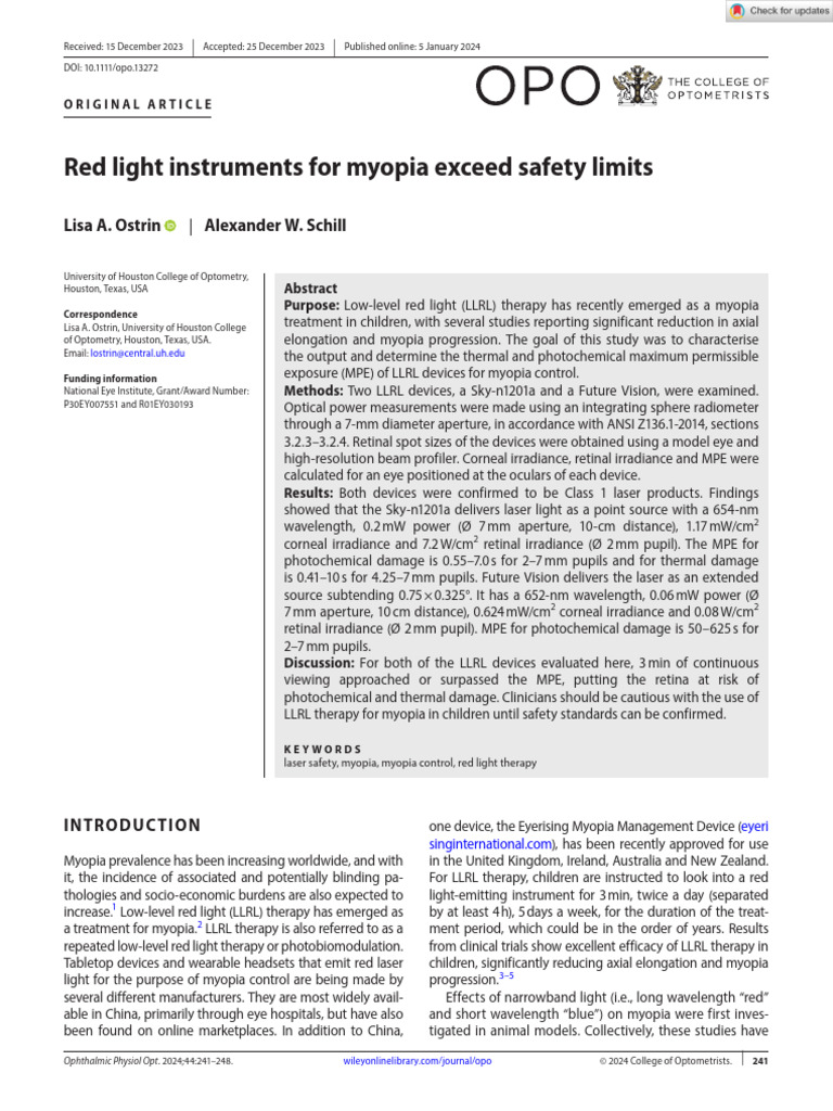 Red Light Instruments For Myopia Exceed Safety Limits | PDF | Retina | Myopia