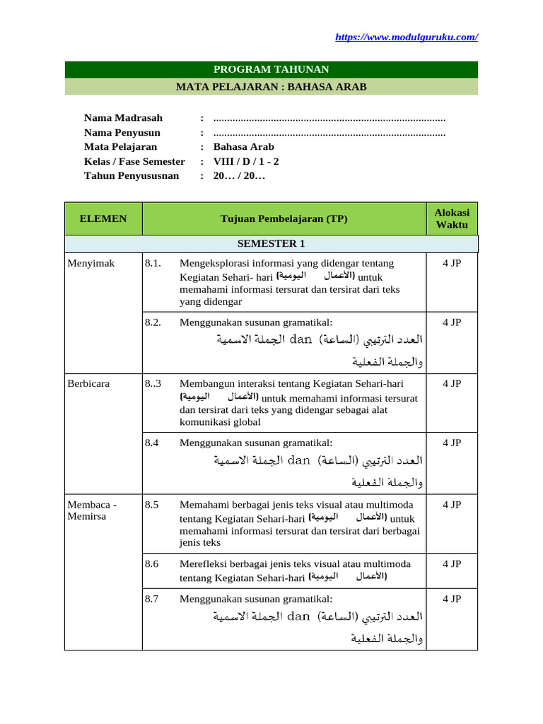 Prota Bahasa Arab Kelas 8 (Modulguruku - Com) | PDF