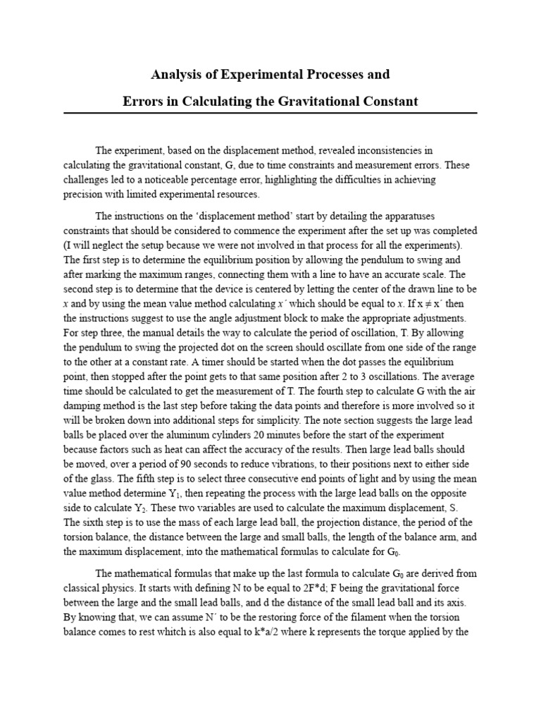 Analysis of Experimental Processes and Errors in Calculating The Gravitational Constant | PDF ...