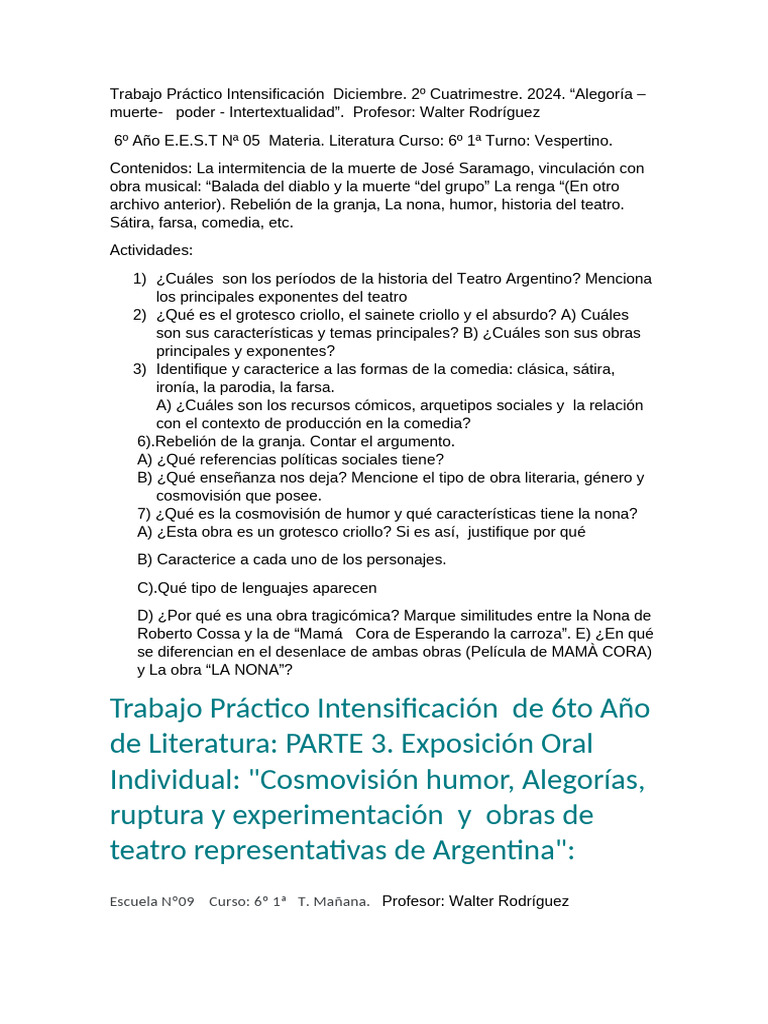 Trab Práct Integr Intensif2 Cuatrimestre EES T N 05 LANÙS TM 6º 1 P 3 2024 LIT | PDF | Teatro ...