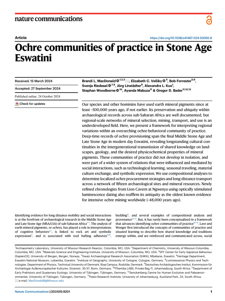 MacDonald et al 2024 Ochre communities of practice in Stone Age Eswatini | PDF | Iron | Iron Ore