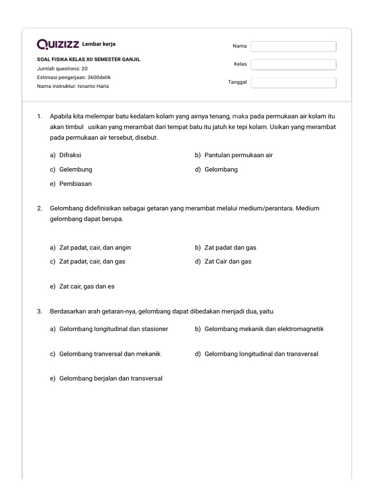 SOAL FISIKA KELAS XII SEMESTER GANJIL - Quizizz | PDF