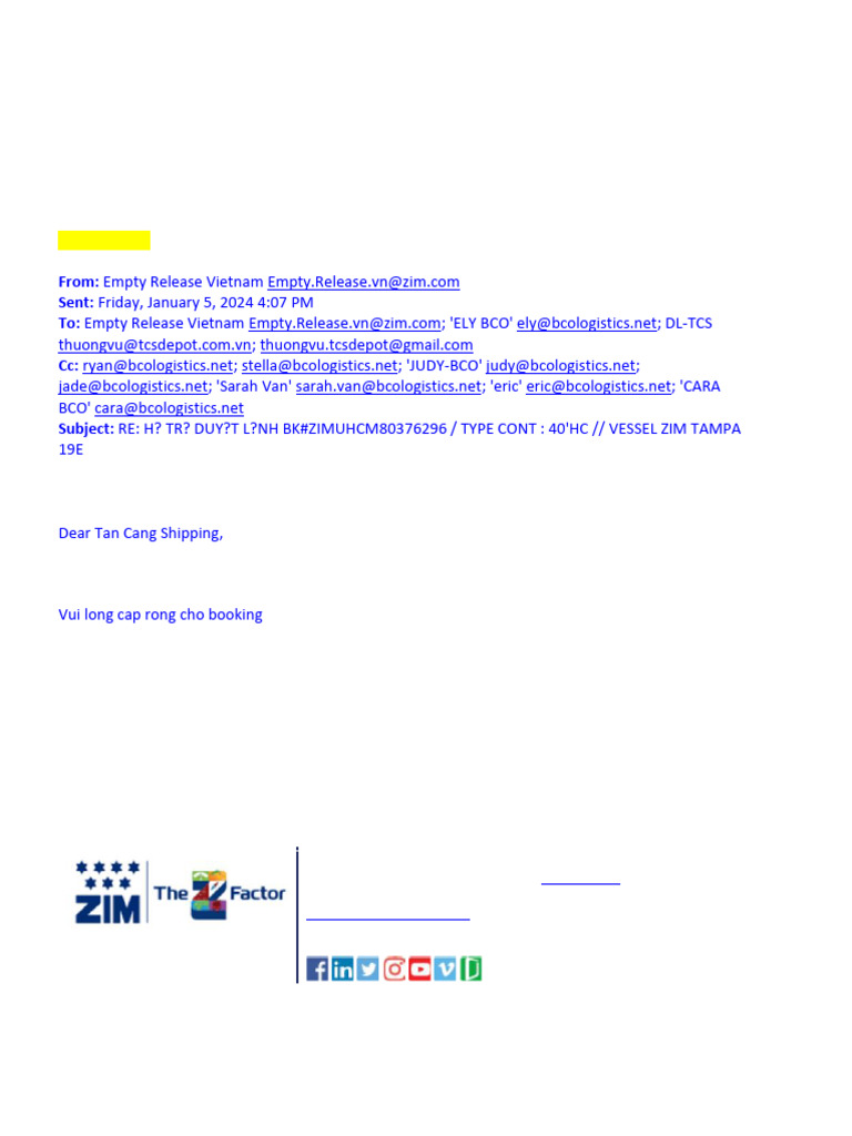 ZIM Booking Release Order for Container | PDF