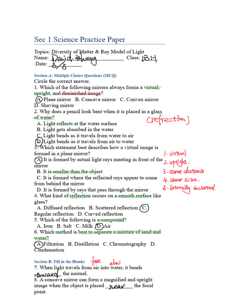 Sec1 Science Practice Paper Diversity and Light | PDF | Mirror ...