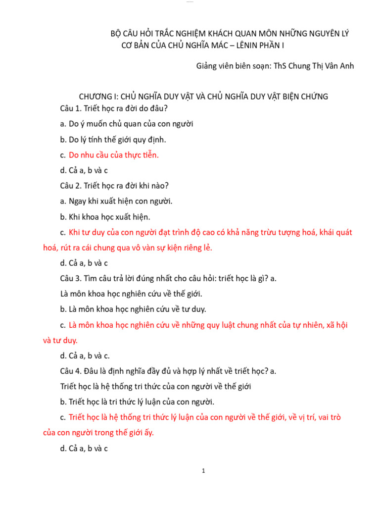 Top 350 Cau Hoi Trac Nghiem Triet Hoc Mac Lenin Co Dap An 893 | PDF