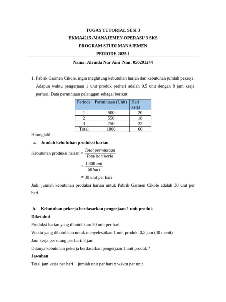 TUTON SESI 3 - MANAJEMEN OPERASI - Oleh Alvinda Nur Aini | PDF