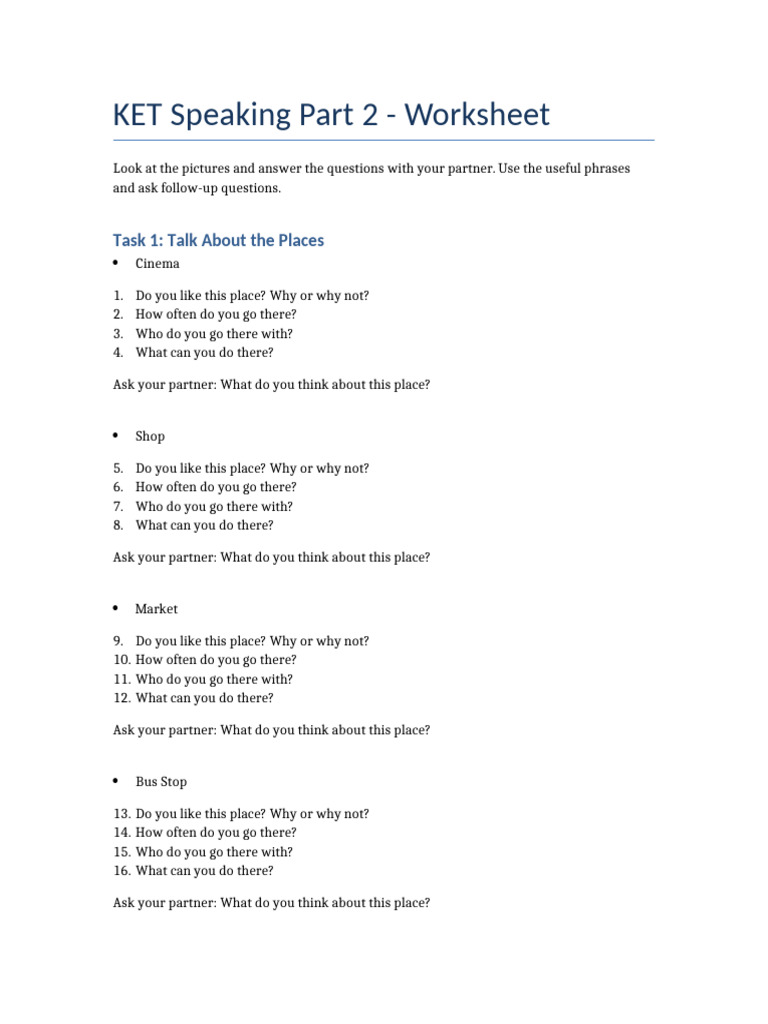 KET Speaking Part2 Worksheet | PDF