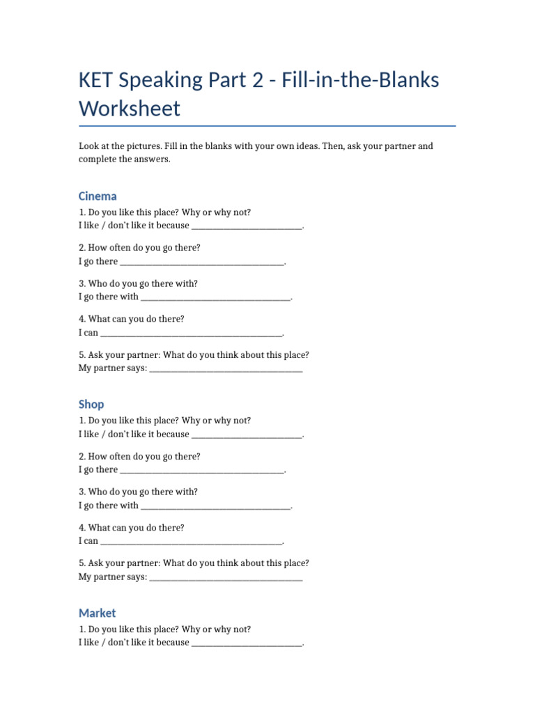KET Speaking Part2 Fill in Blanks | PDF