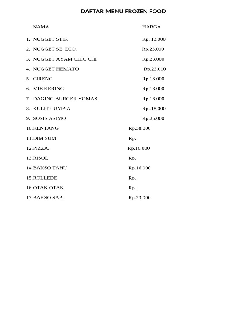 Daftar Menu Frozen Food | PDF