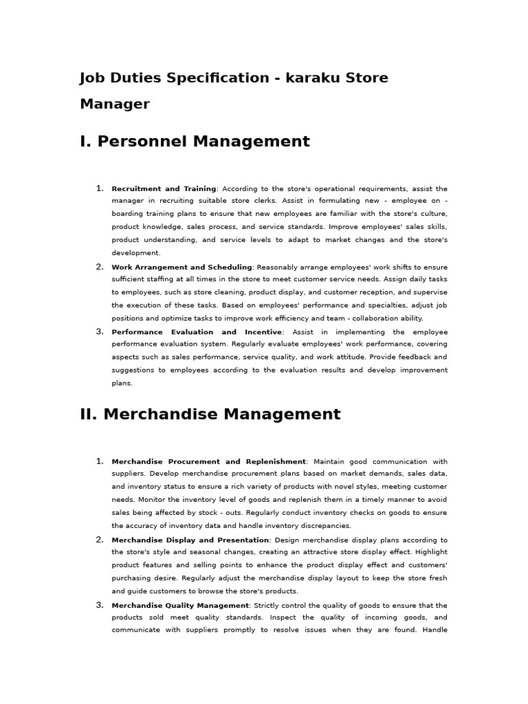 Job Duties Specification - Karaku Store Manager | PDF | Brand | Customer