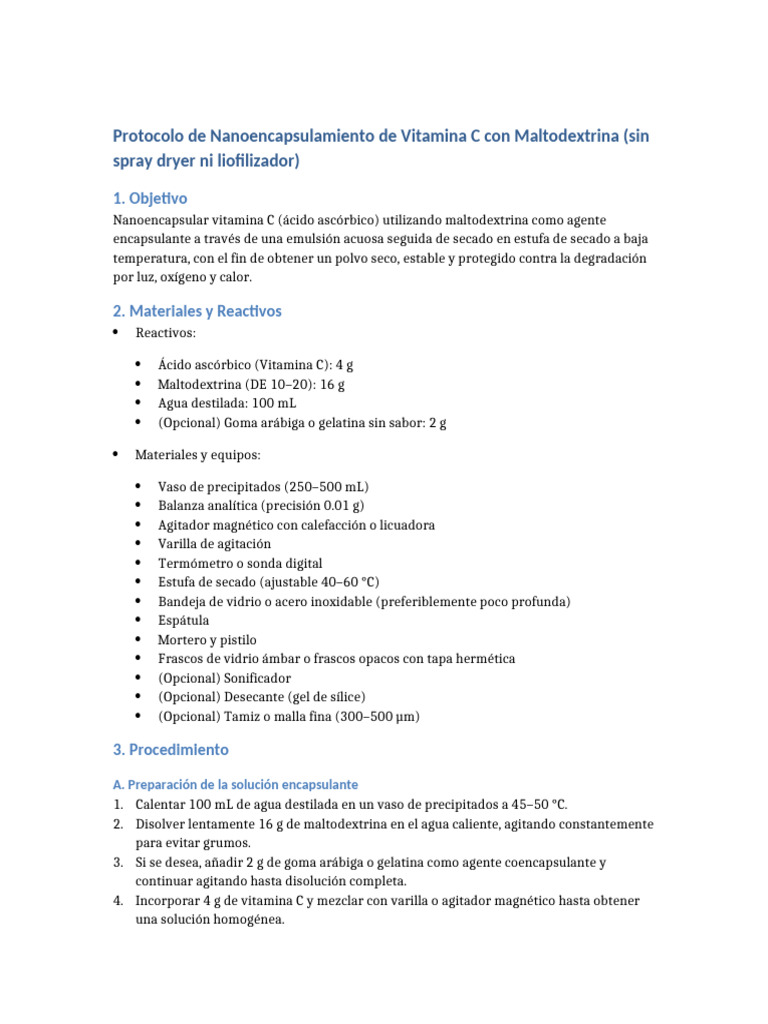 Protocolo Nanoencapsulamiento VitaminaC Maltodextrina Corregido | PDF