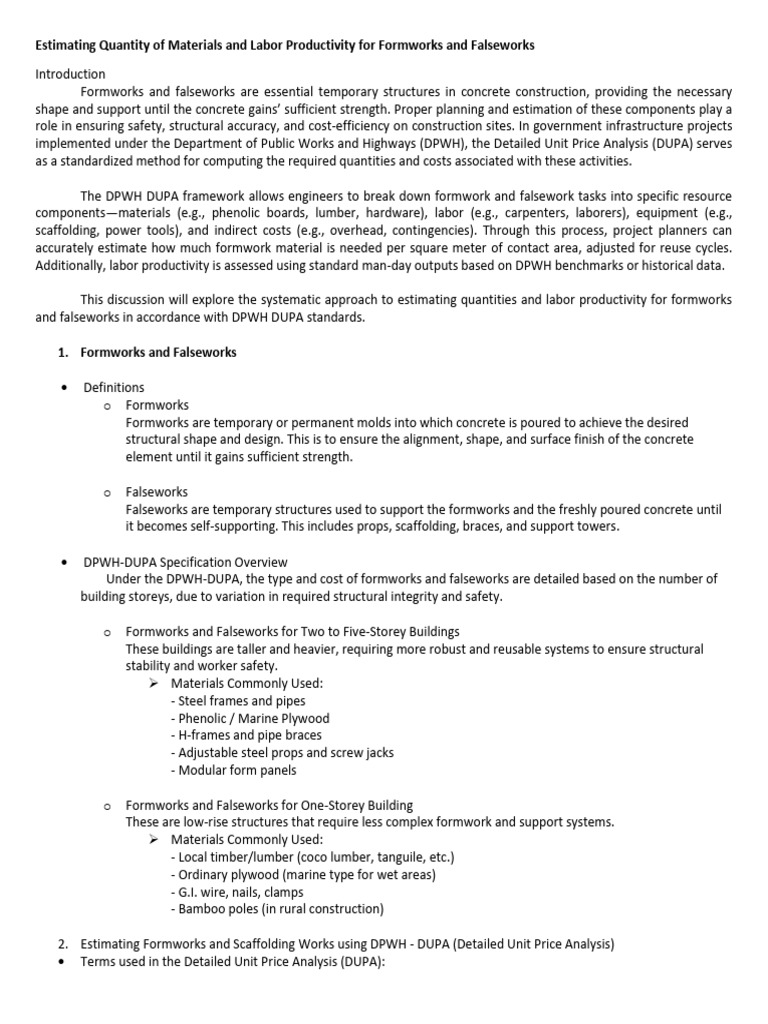 DPWH DUPA for Formworks Estimation | PDF | Concrete | Scaffolding