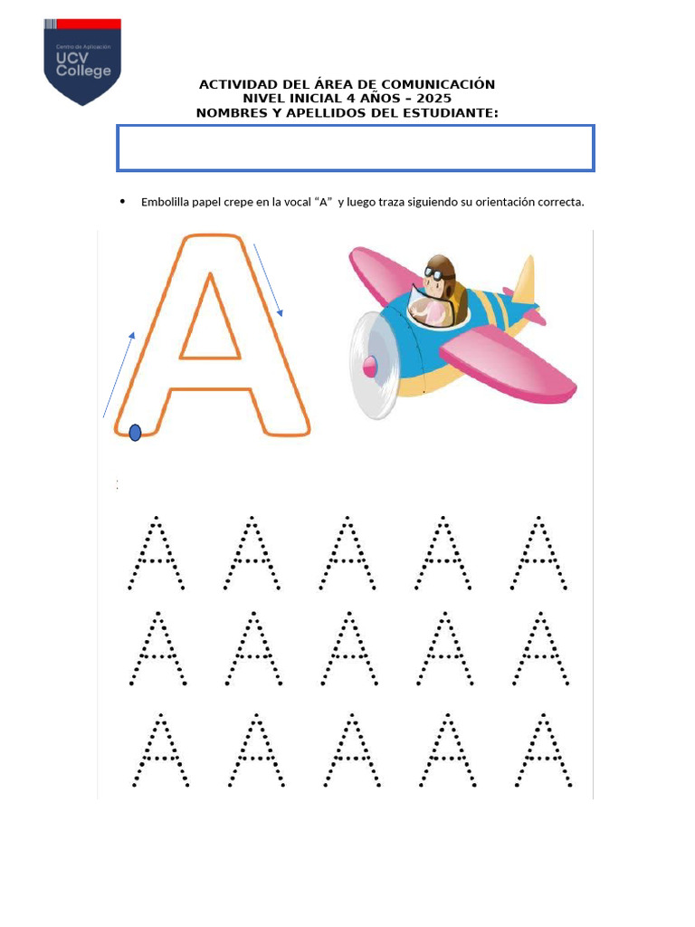 Ficha adicional de comunicacion trazo vocal A | PDF