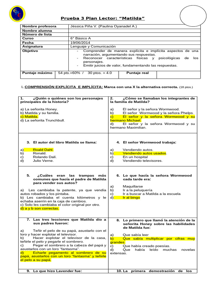 Prueba 3 Plan Lector - Matilda - 19-06-2014 RESUELTA | PDF