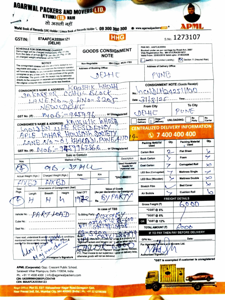 Agarwal Packers & Movers Bill | PDF