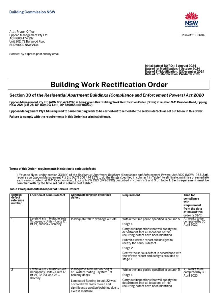 Building Work Rectification Order: Residential Apartment Buildings (Compliance and Enforcement ...