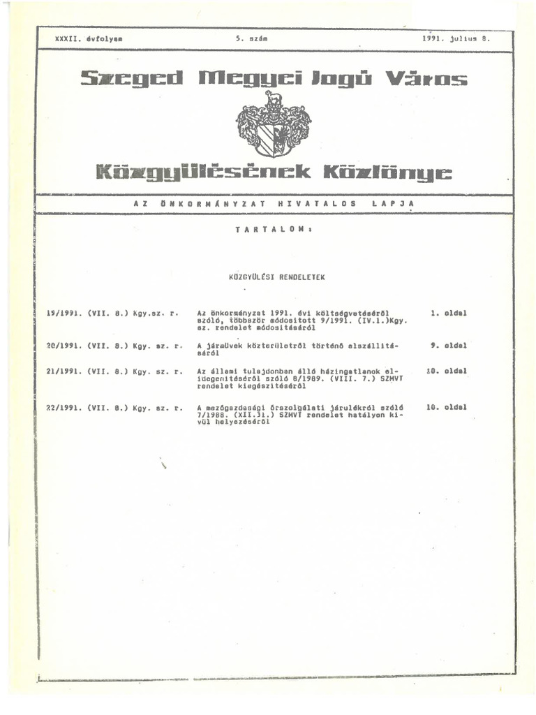 Történelmi forrásanyag: Szeged MJV Közgyűlésének Közlönye – 1991. év 4. szám | PDF