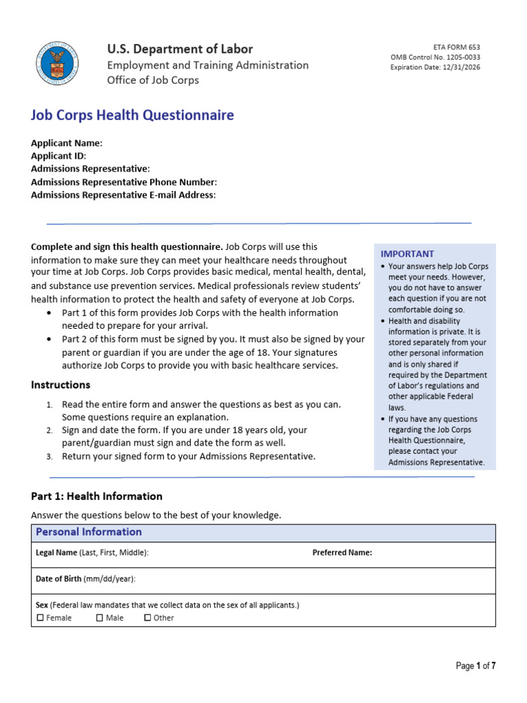Job Corps Health Questionnaire Form | PDF | Mental Disorder | Mental Health
