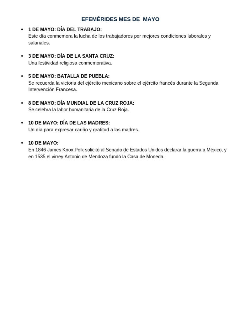Efemérides Mes de Mayo | PDF