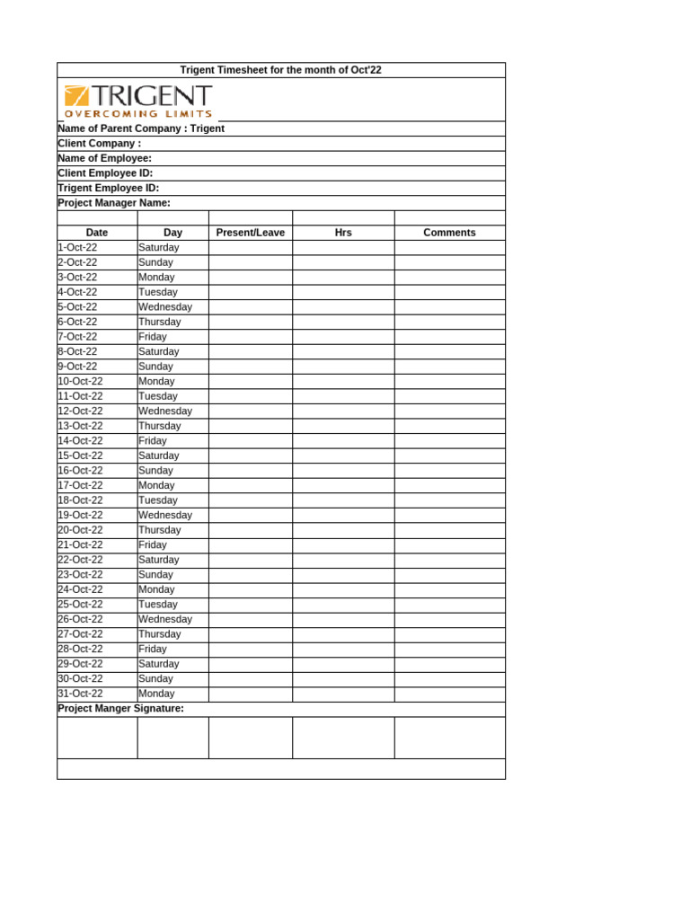 Trigent Timesheet Oct'22 | PDF