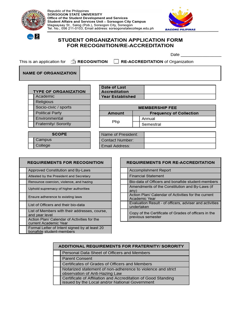 Student Organization Application Form For Recognition Re Accreditation ...