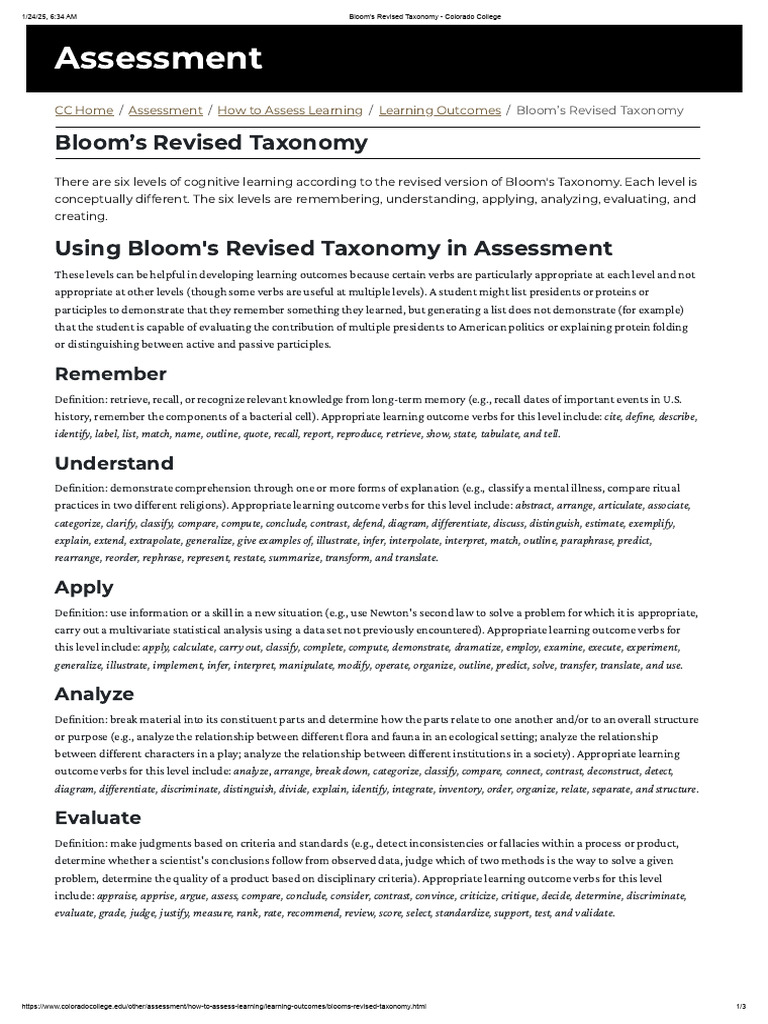 Bloom's Revised Taxonomy - Colorado College | PDF | Statistics | Learning