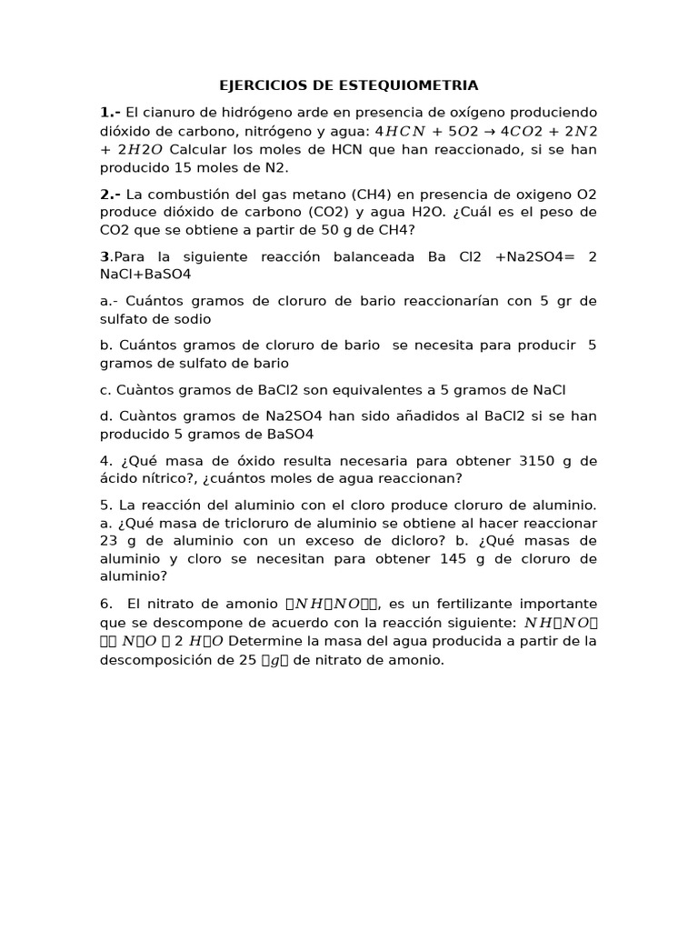 Ejercicios de Estequiometria | PDF