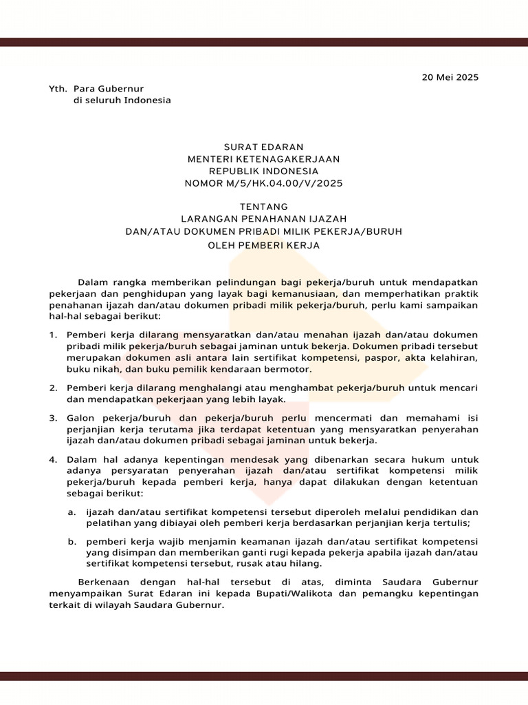 Surat Edaran Menteri Ketenagakerjaan Nomor M-5-HK.04.00-IV-2025 | PDF
